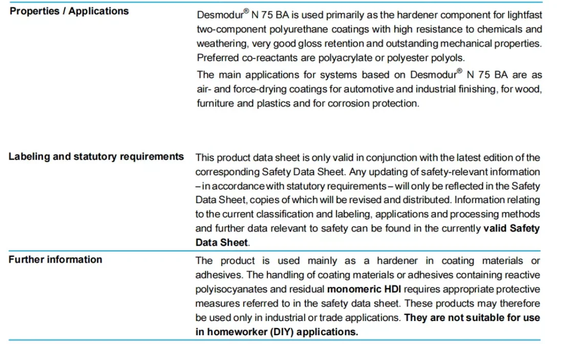 N75 BA/N75 MPAX Isocyanate Hardener for Polyurethane Curing