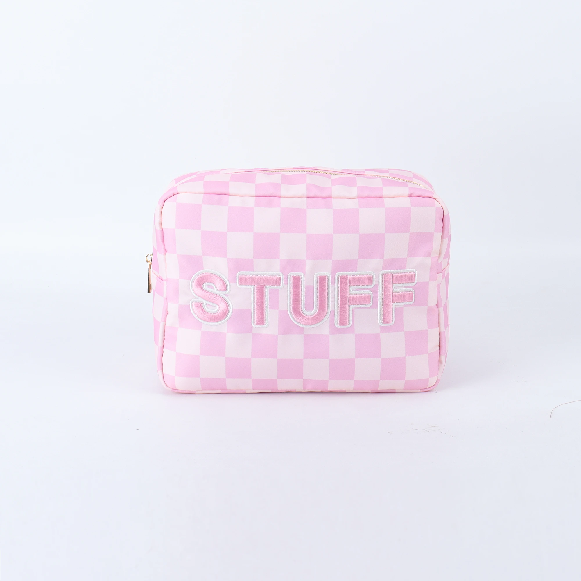 Keymay Stock No MOQ Pink Checkered STUFF Embroidery Large Cosmetic Bags ...