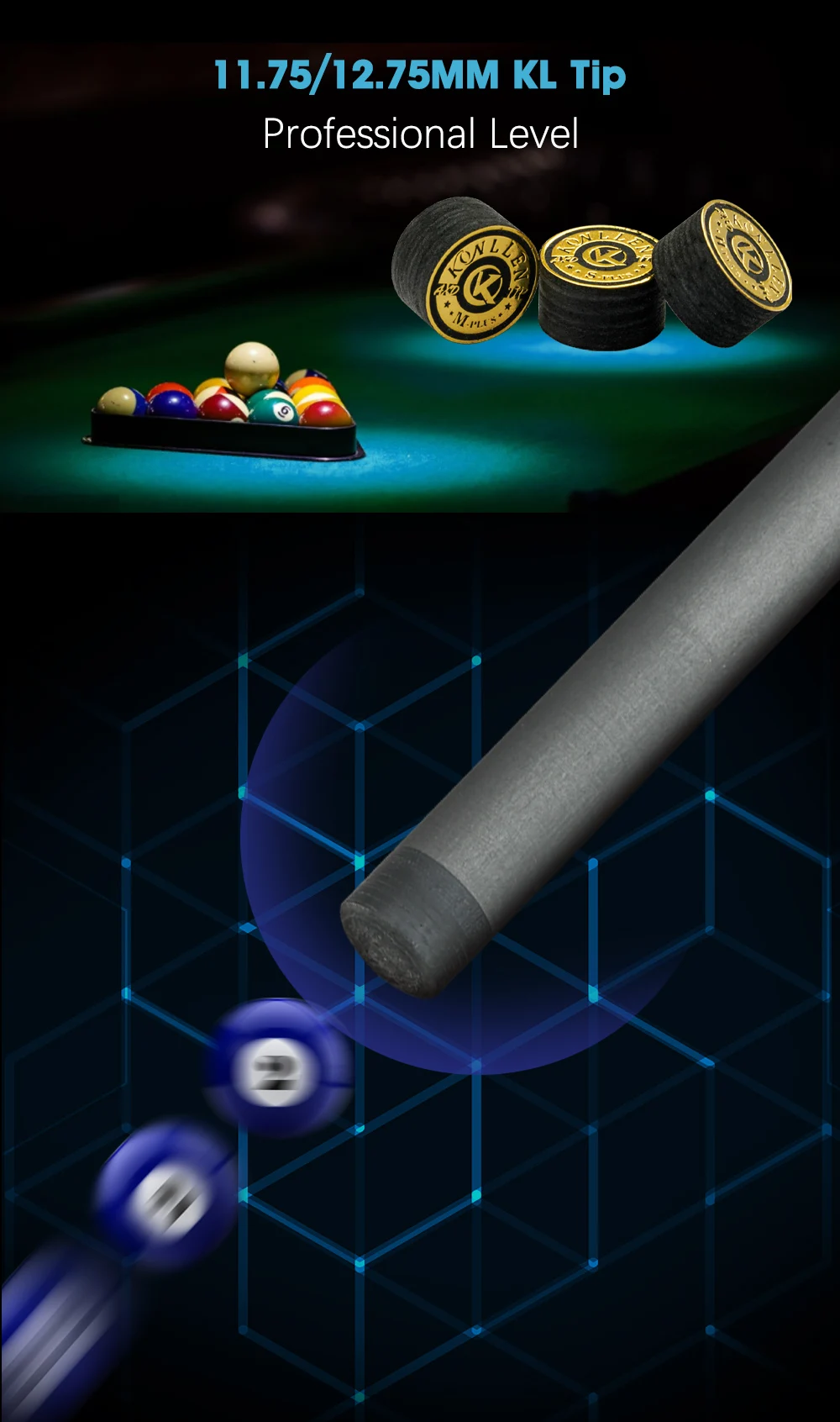 KONLLEN Cue Carbon Shaft 11.75mm/12.75mm 3/8*8 Radial Pin Uniloc Joint ...