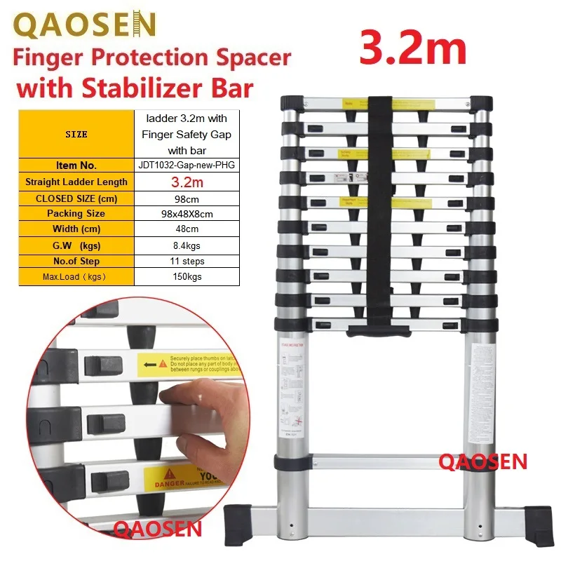 3.2m Ladder With Finger Safety Gap With Bar 3.8m Telescopic Ladder With ...