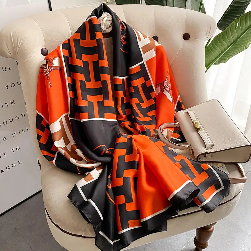 Summer Elegant Silk Scarf Women 180*90cm Luxury Natural Chain Printed ...