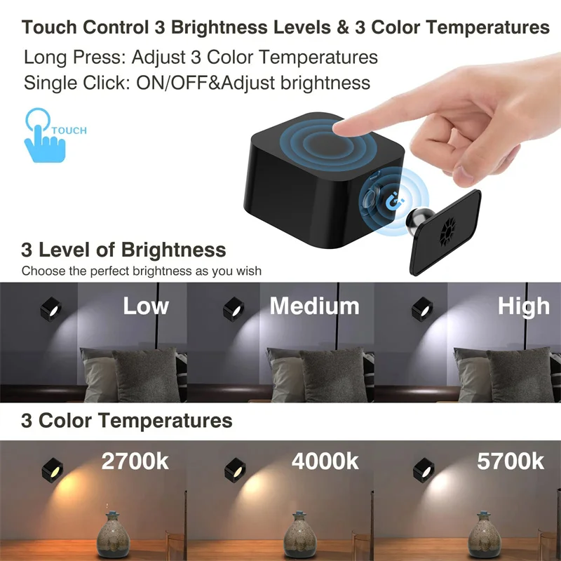 USB Rechargeable Wireless Wall Lights LED RGB Dimmable
