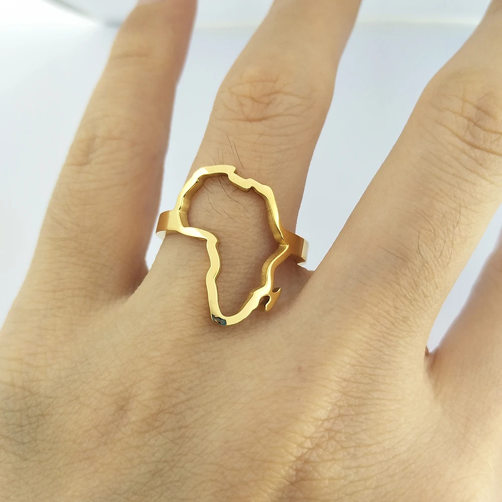 Stainless Steel Africa Map Ring Custom Jewelry 18K Gold Plated Hollow African Map Engagement ...
