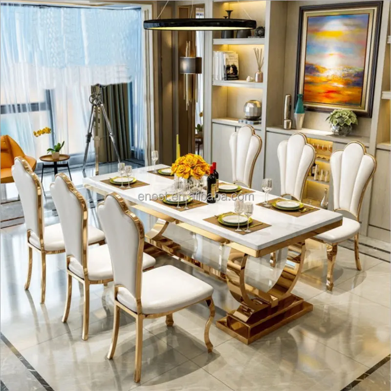 Luxury Metal Dinner Table with Modern Marble Top
