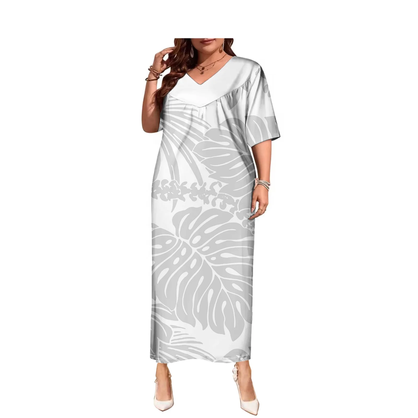 Polynesian Tribal Fijian Tongan Puletasi White Flower Print Custom Breathable Dress Casual ...