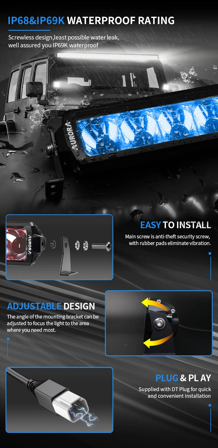Aurora No Screw Ip68 Waterproof Led Light Bar Double Row Rgb Off Road Driving Lights Bar For ...