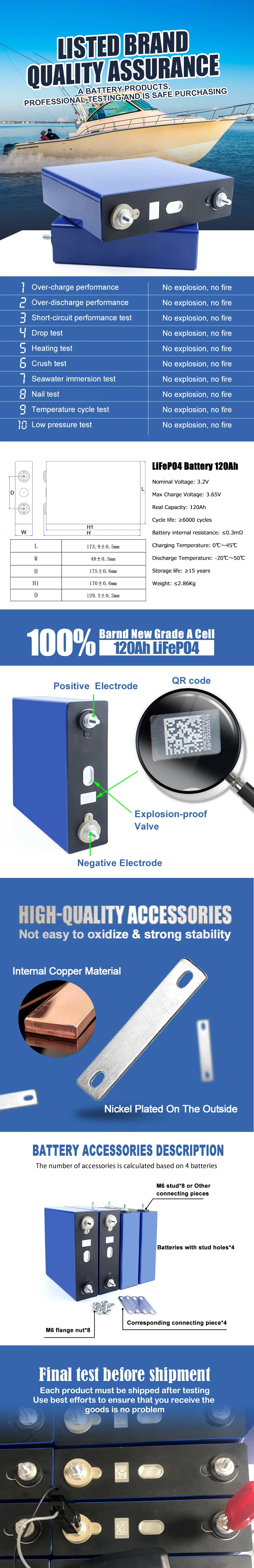 Grade A New Brand 120ah 3.2v Lifepo4 Battery M6 Hole Welding Stud ...