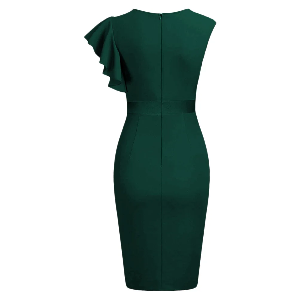 C Clothing Women Modest Office Wear Ruffle Dress Ladies Formal Pencil ...
