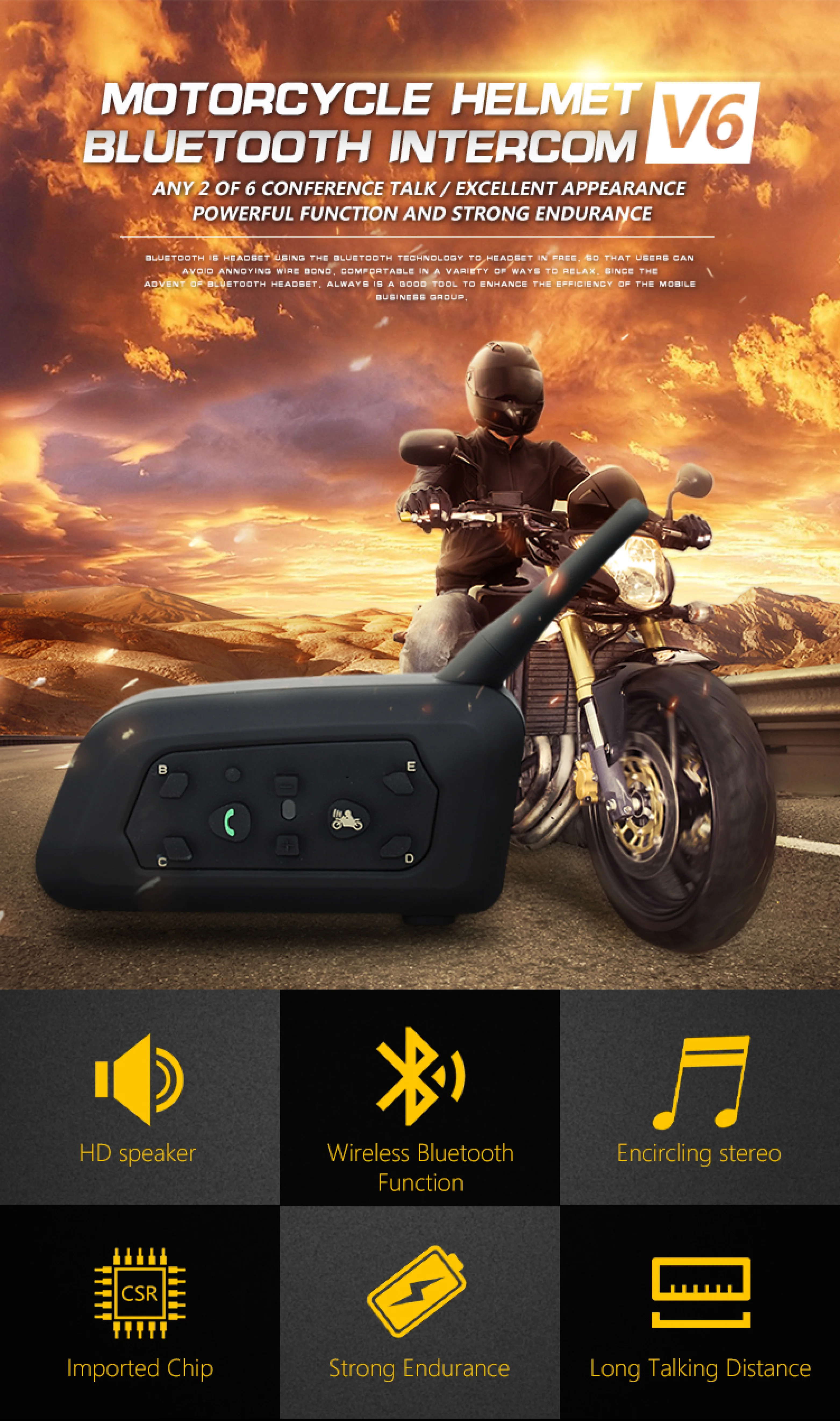 100% Waterproof 6 Riders Helmet Intercom V6-Plus BT5.0