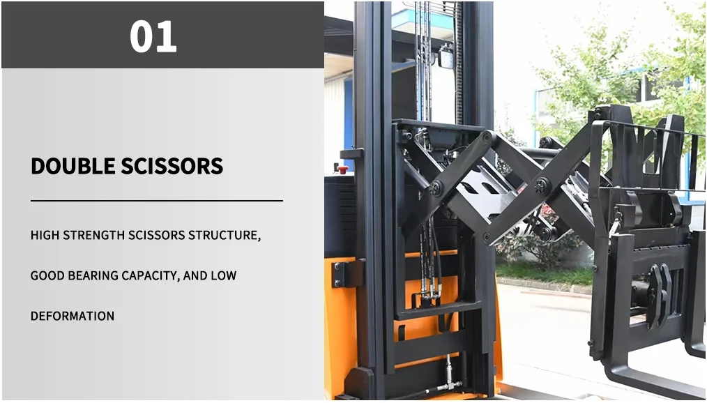 Double Deep Scissor Reach Forklifts 1.2t 1.5t 2t Stand On Scissor Reach ...