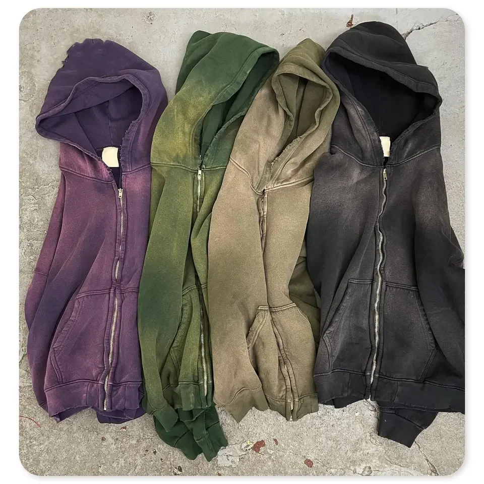 Custom Logo Sun Faded Crop Acid Washed Zip Up Hoodie No String French ...