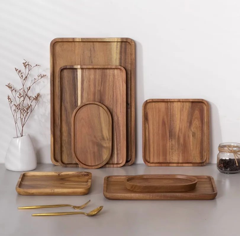Natural Solid Beech Acacia Wood Serving Trays Rectangular Oval Square ...