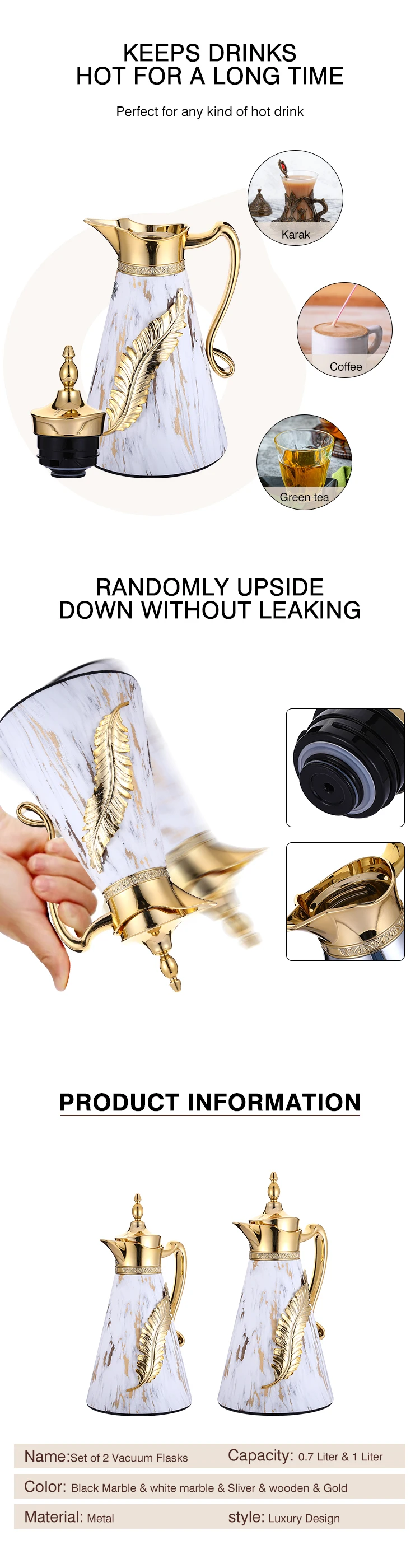 Luxury Arabic 700ml+1000ml Vacuum Insulated Teapot Dallah Pot Silver ...