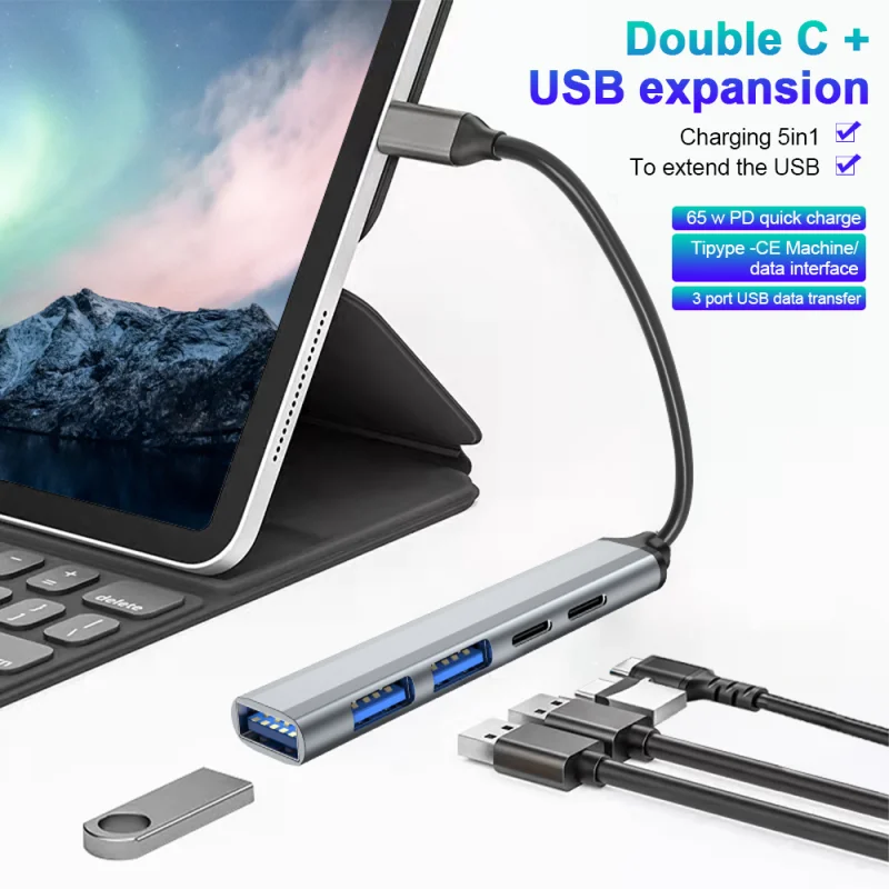 Portable Mini Usb C Hub Extension Splitter 5 In 1 Multiport Usb 3.0 ...
