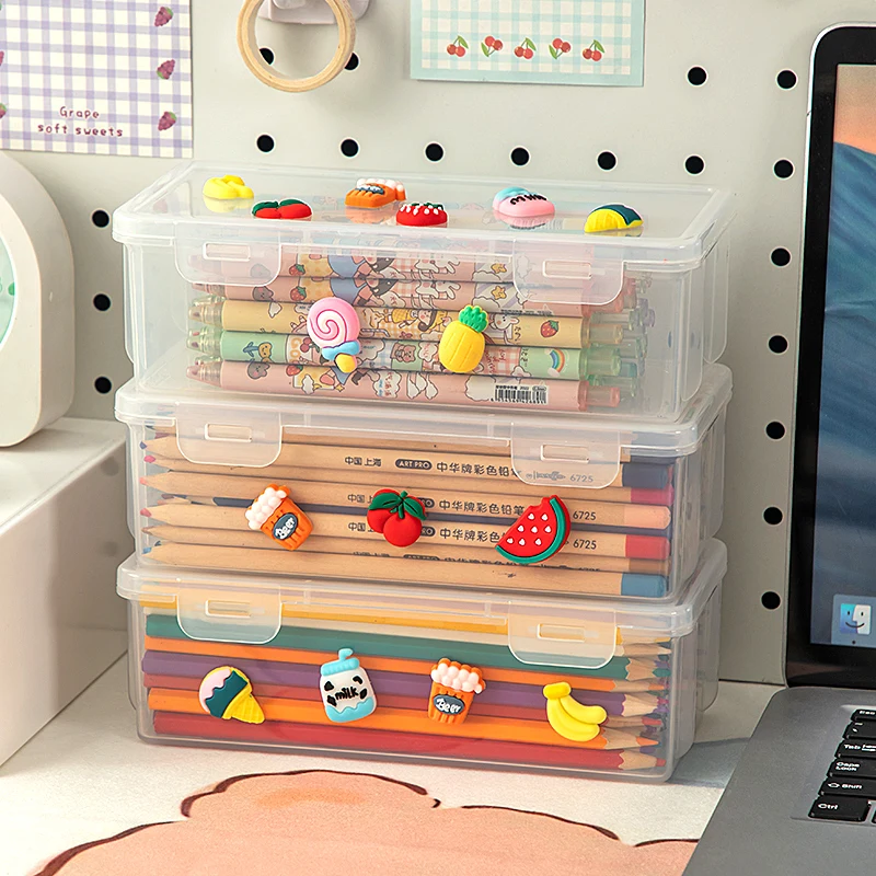 Transparent Rectangular Student Stationery Storage Box Dustproof Pencil ...