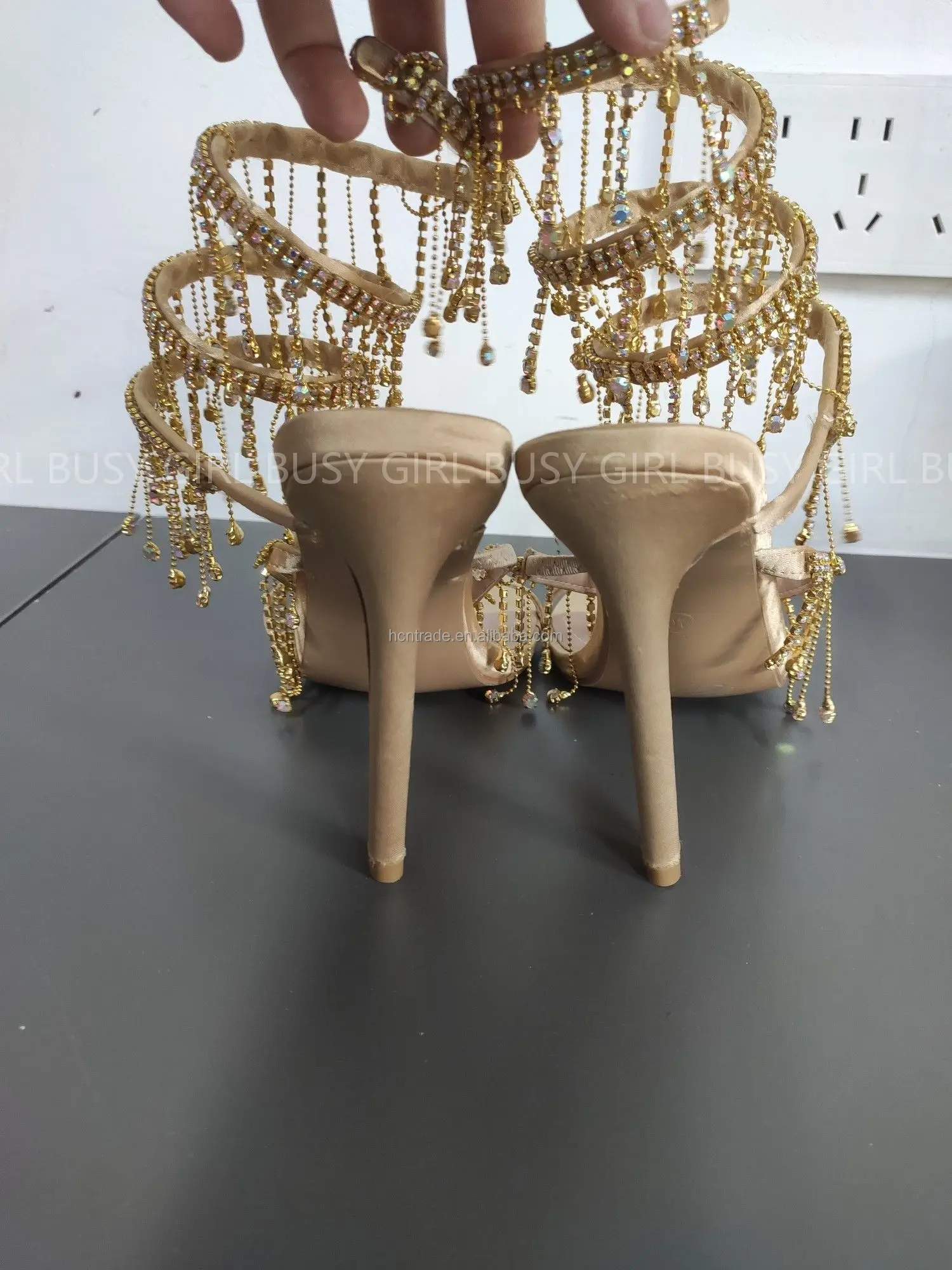 Busy Girl XSD4841 Gold Ankle Coil Round Embellished Heels
