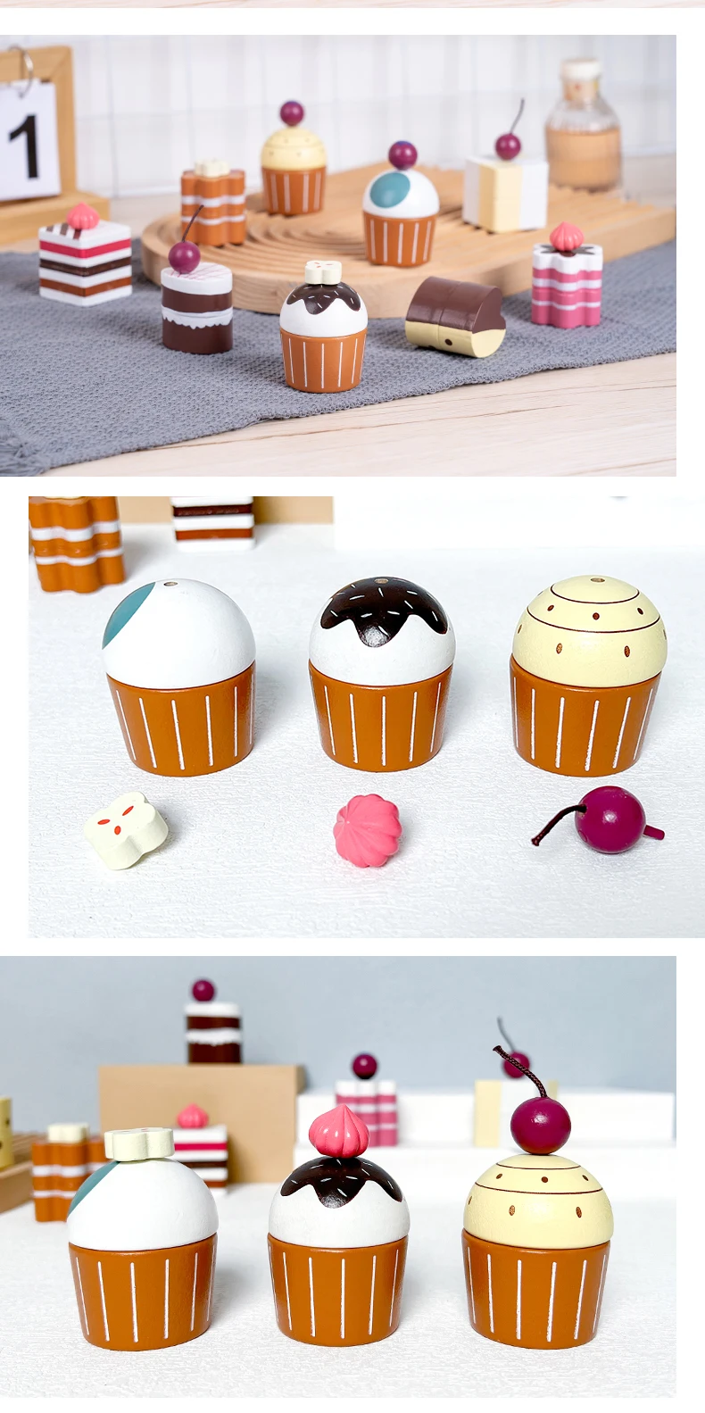 2022 New Design Colorful Pretend Play Food Set Wooden Cupcake Creamcake ...