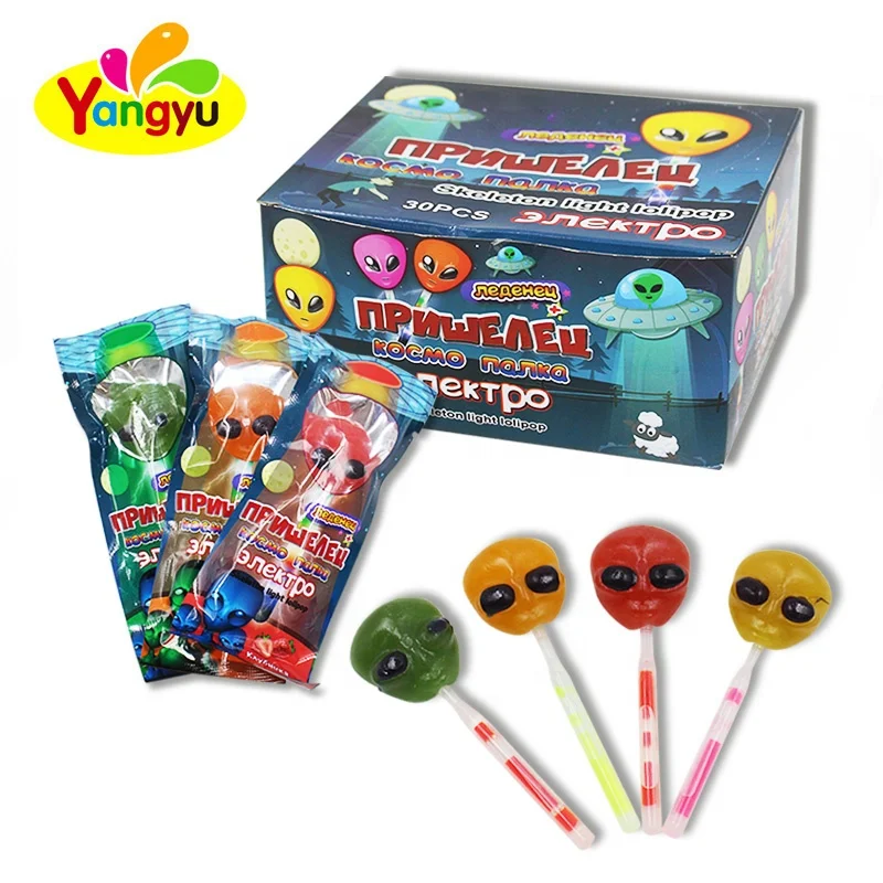Cartoon design Alien head shape glow lollipop candy| Alibaba.com