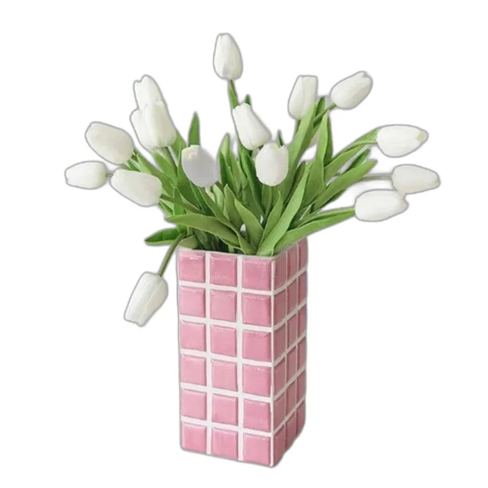 Cute Pink Ceramic Tile Vase - Perfect for Colorful Flowers