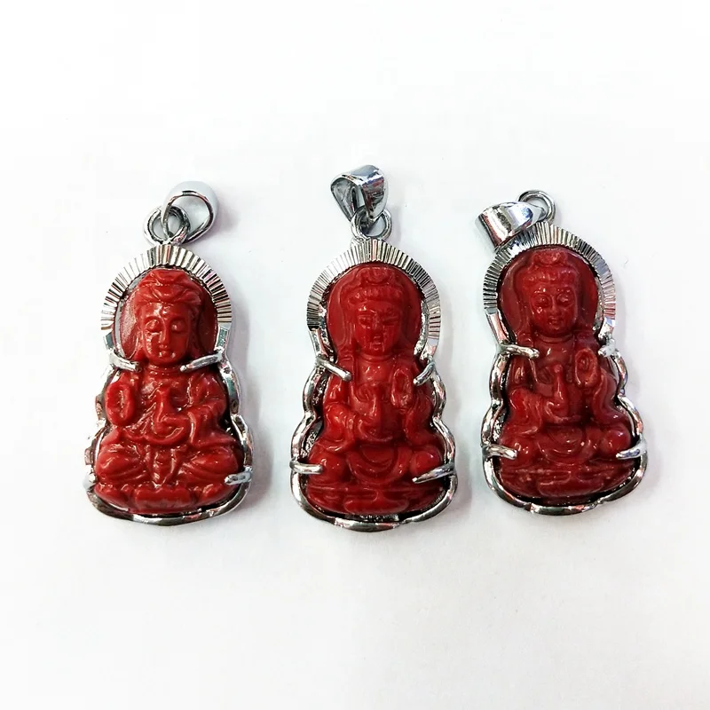 Hand Carved Buddha Charms - Red Natural Bamboo Coral Pendants