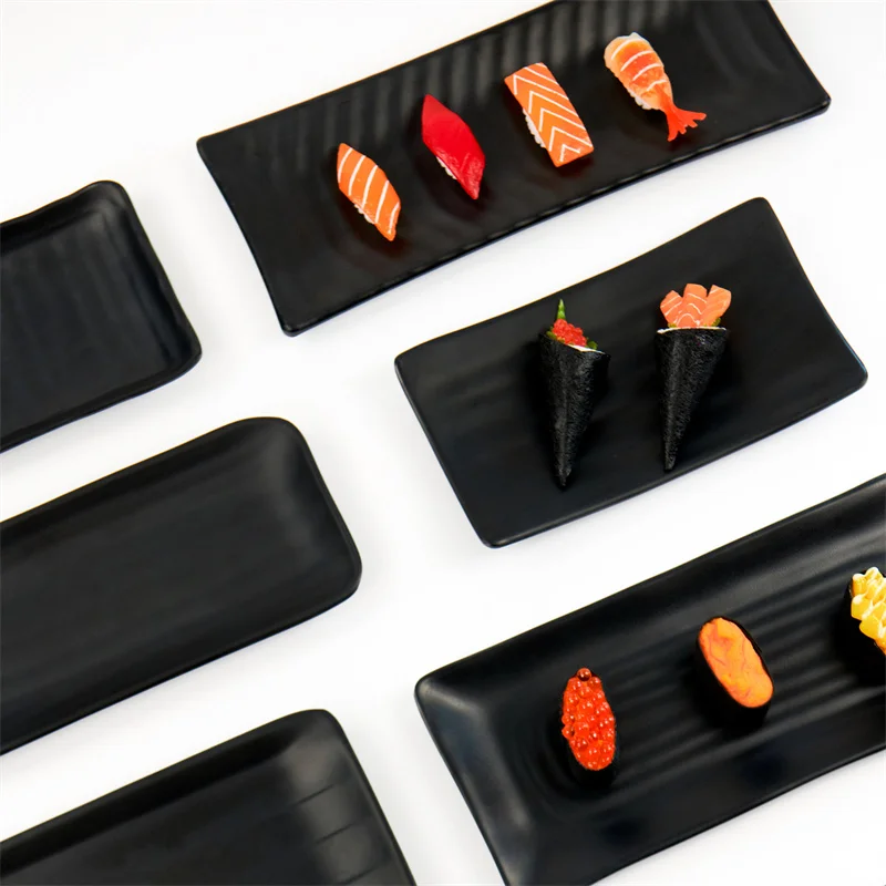 Matte Black Melamine Sushi Set Japanese Style Dinnerware Serving Tray ...