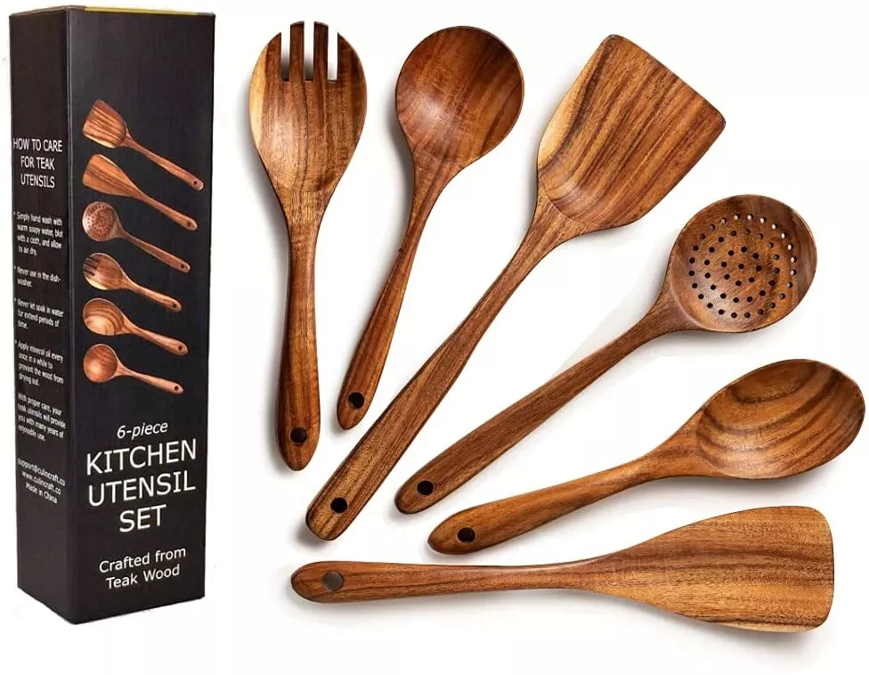 Oem Custom Logo 9 Pcs Natural Teak Wooden Kitchen Utensils Set Wood ...