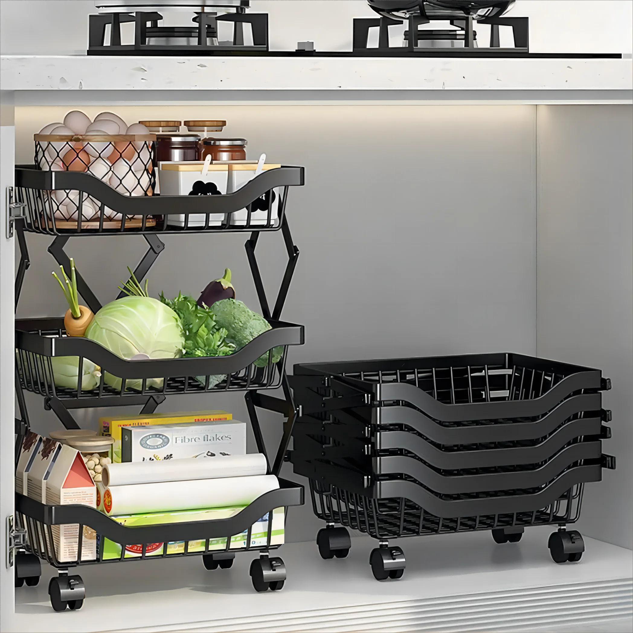 Folding Food Container Vegetables Fruits Holder Movable Metal Trolley ...