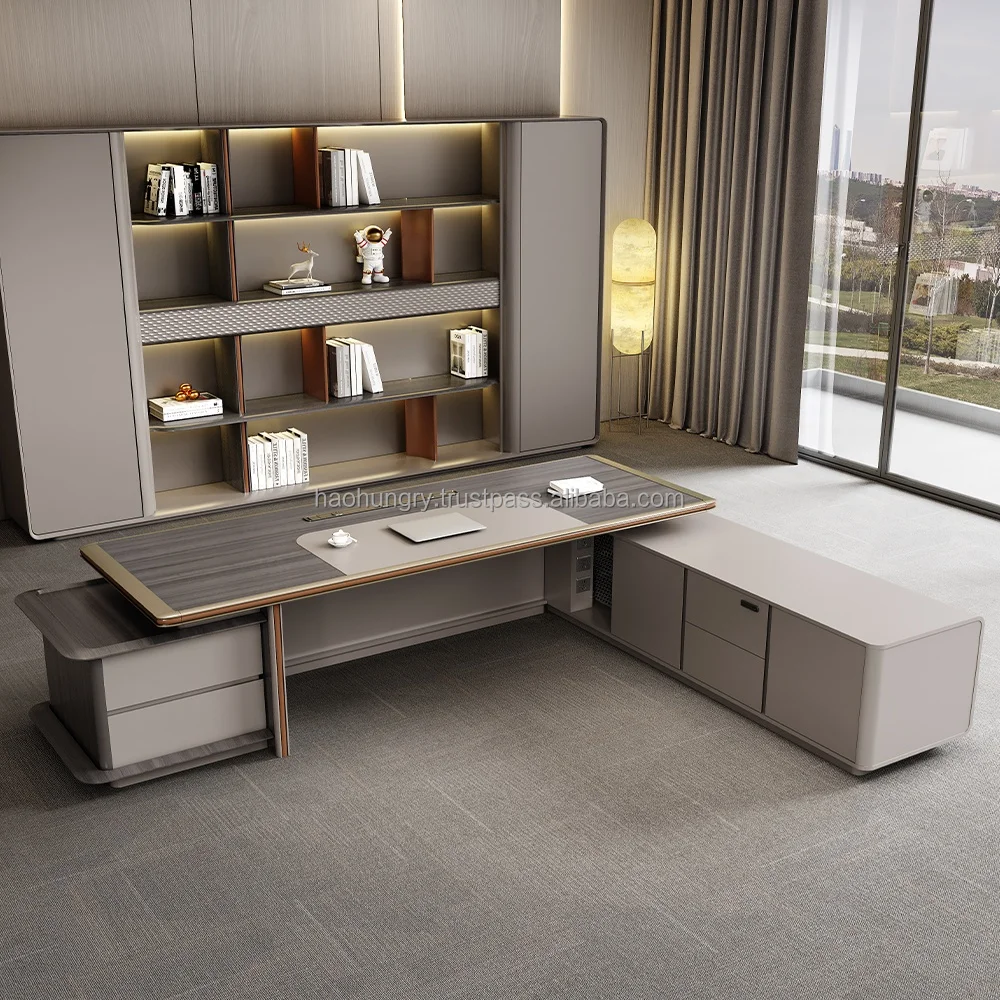 Modern Luxury Executive Desk Set CEO Wood Table with Walnut Grey Office ...