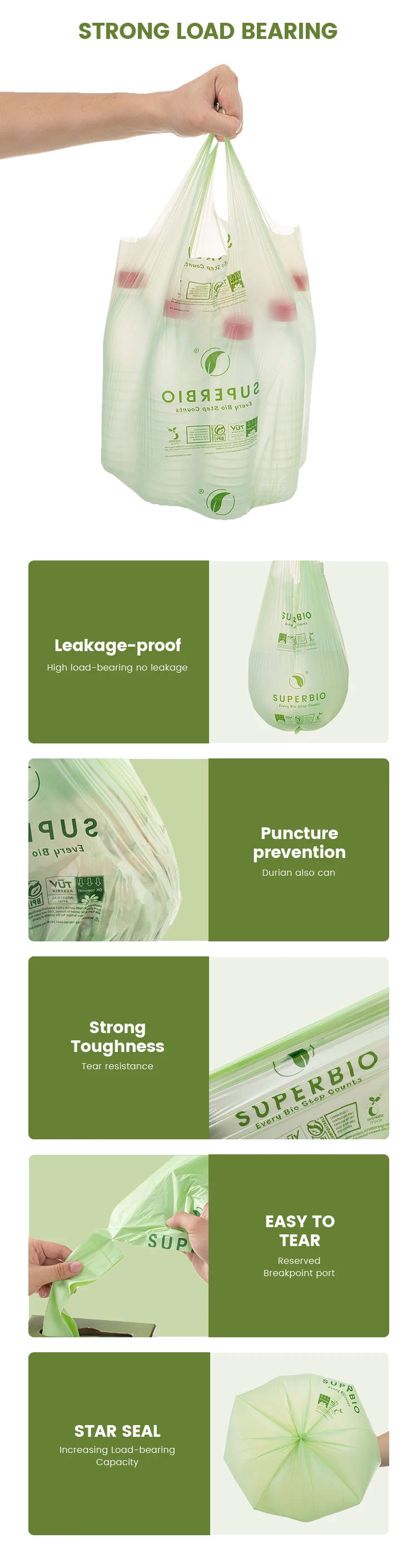 13gallon Handle Tie PLA Trash Garbage Bags 100% Biodegradable Garbage ...