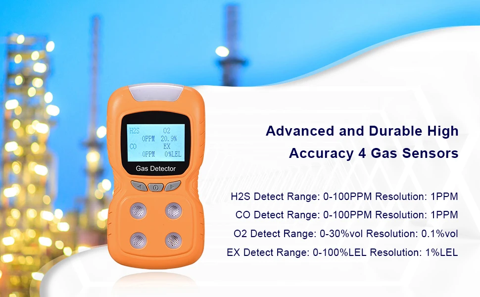 4-in-1 Gas Detector with LCD Display and Rechargeable Battery