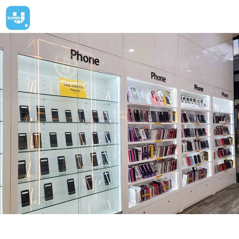 Trendy Glossy Wooden Cell Phone Shop Display Design Custom Led Lighting ...