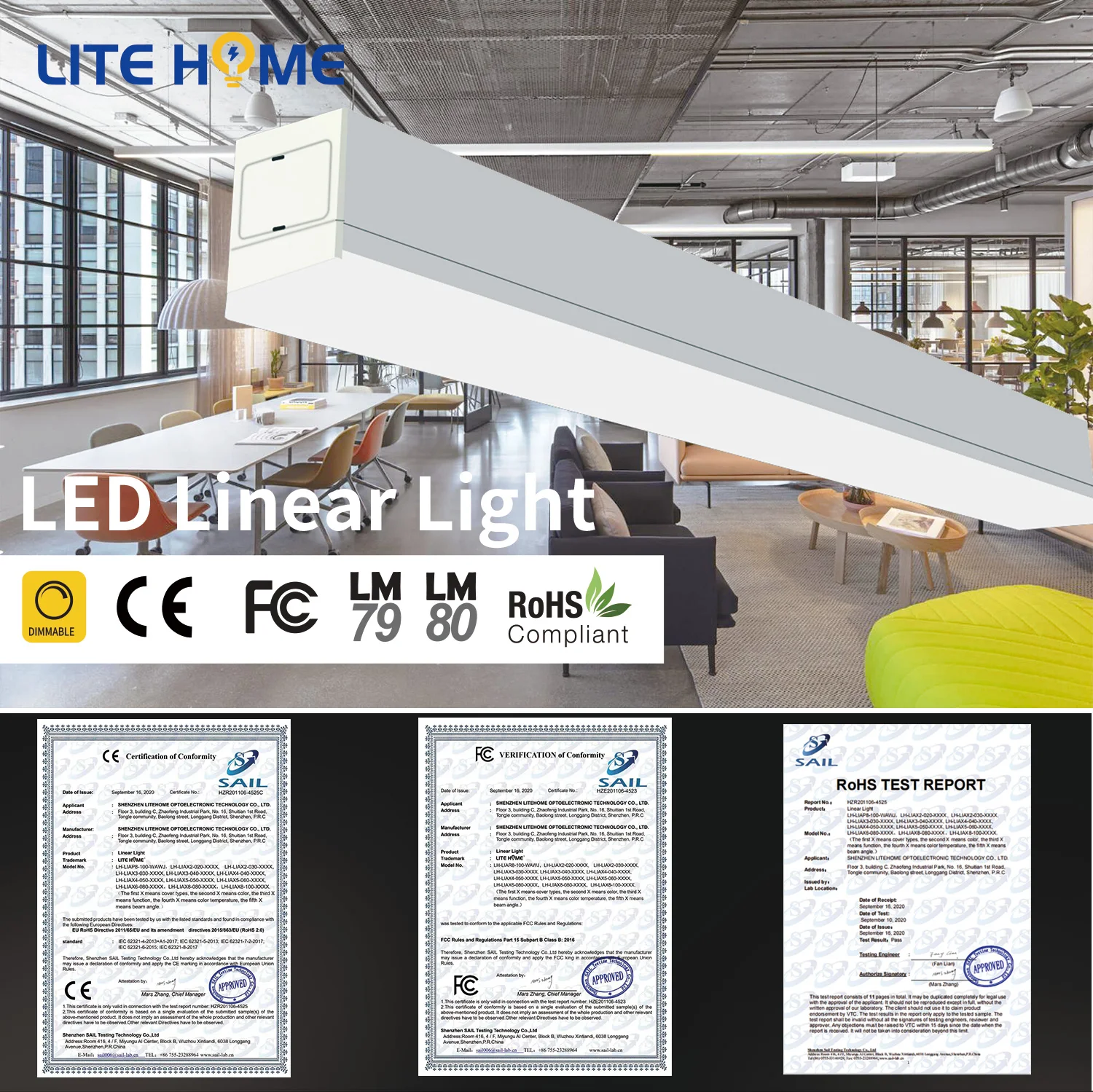 80W Linear LED Light Fixture for Meeting Rooms, 1800mm Long, Dimming ...