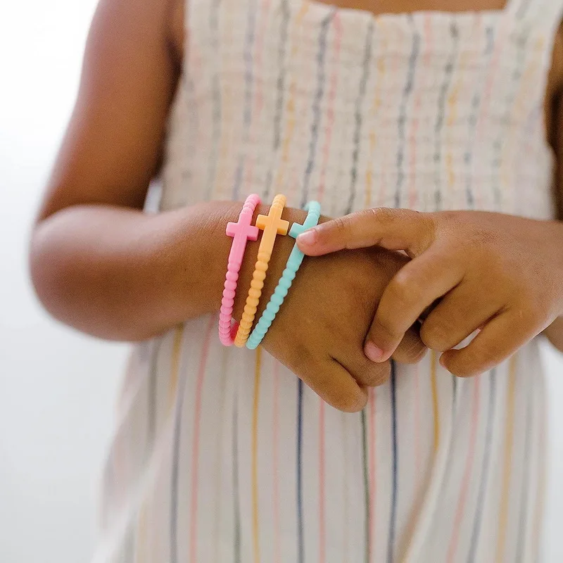 Handmade Rosary Bracelet Elastic Cross Bracelet Colorful Silicone Beads ...