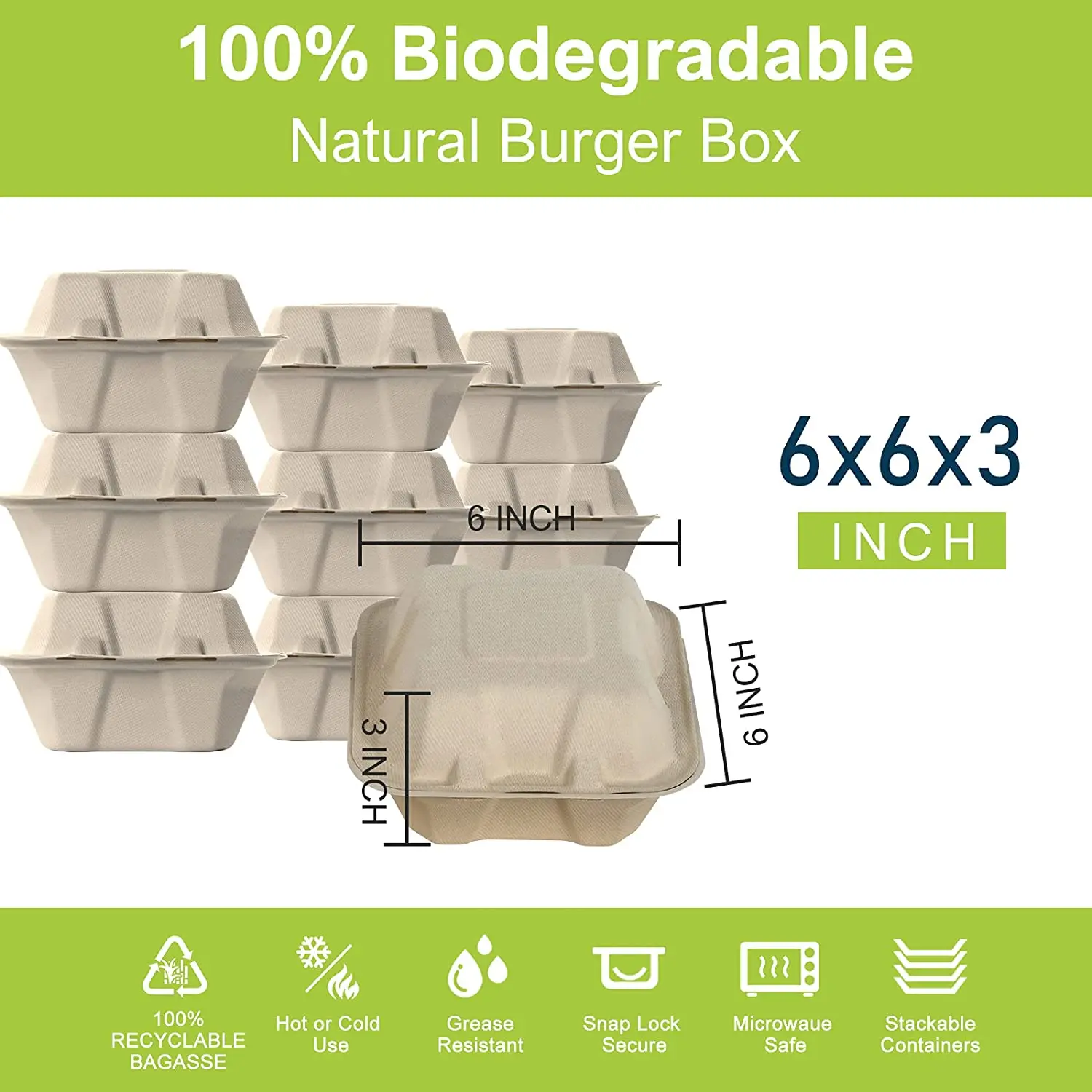 100% Bio-degradable Bagasse Pulp Burger Box Microwave Food Container 6x6 Hamburger Clamshell ...