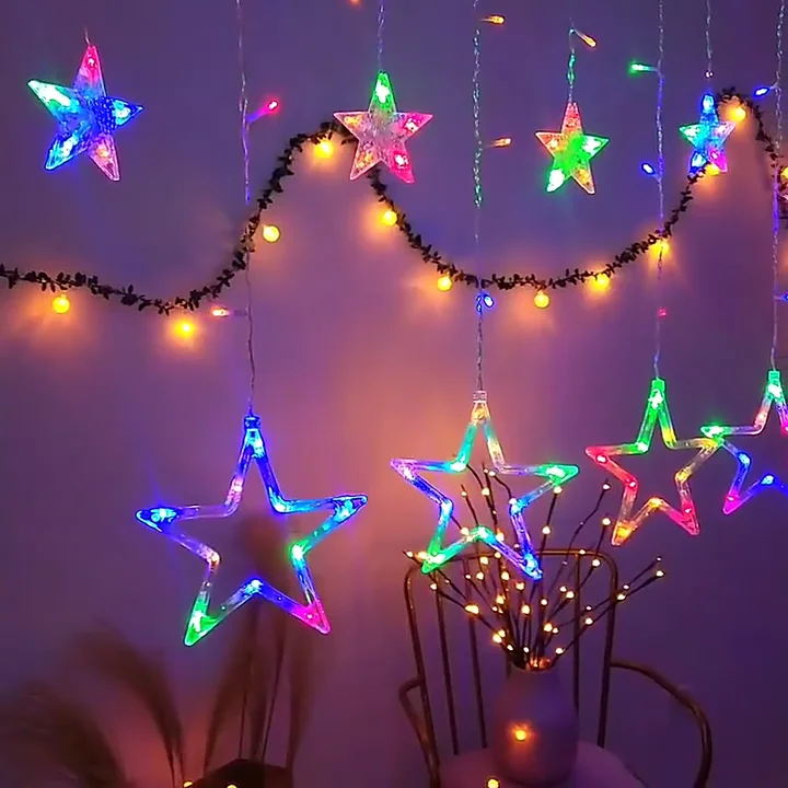 Diwali Lights 138 Led Star Moon Curtain Light Six Small Six Big Twinkle ...
