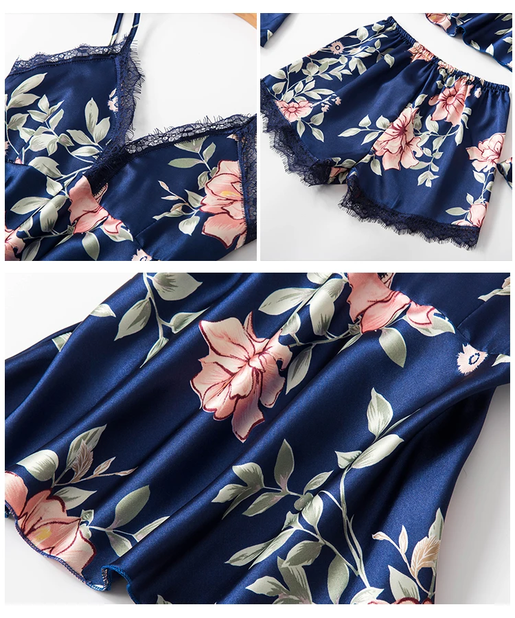 Supplier Satin Pajamas for Women Leisure Printed Floral Home Wear Premium Silk Sleepwear Sets ...