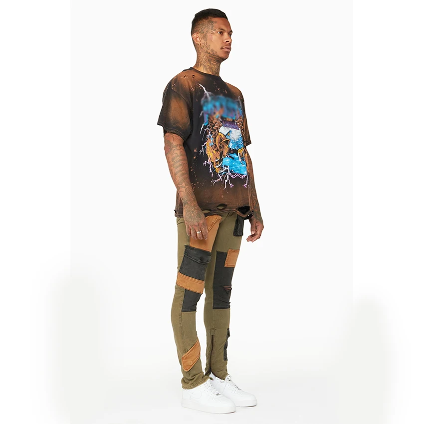 Custom Men Stack Stacked Ripped Flared Denim Cargo Jeans Multi Pockets ...