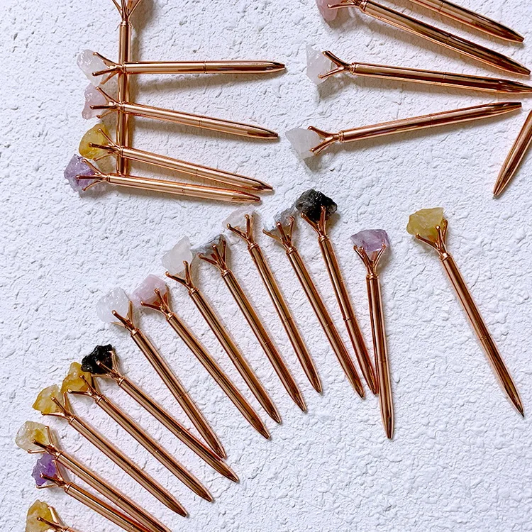 Wholesale High Quality Natural Raw Crystal Pens - Amethyst & Rose Gold