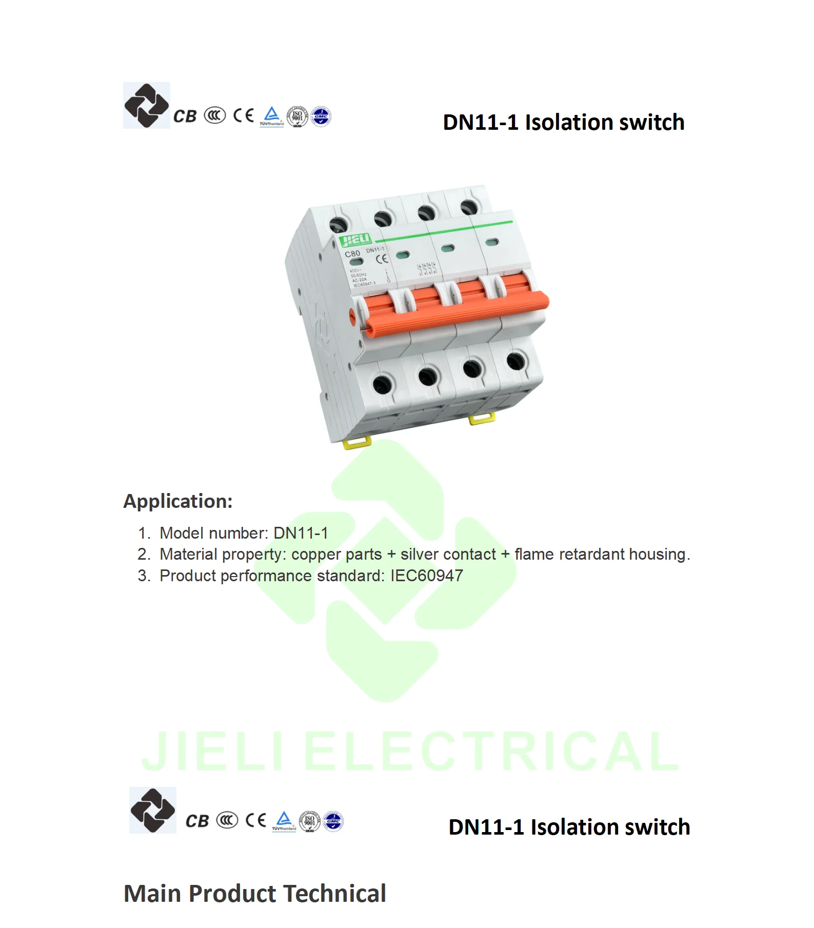 JIELI DN11-1 Miniature Circuit Breaker - 1P 63A 230/400V