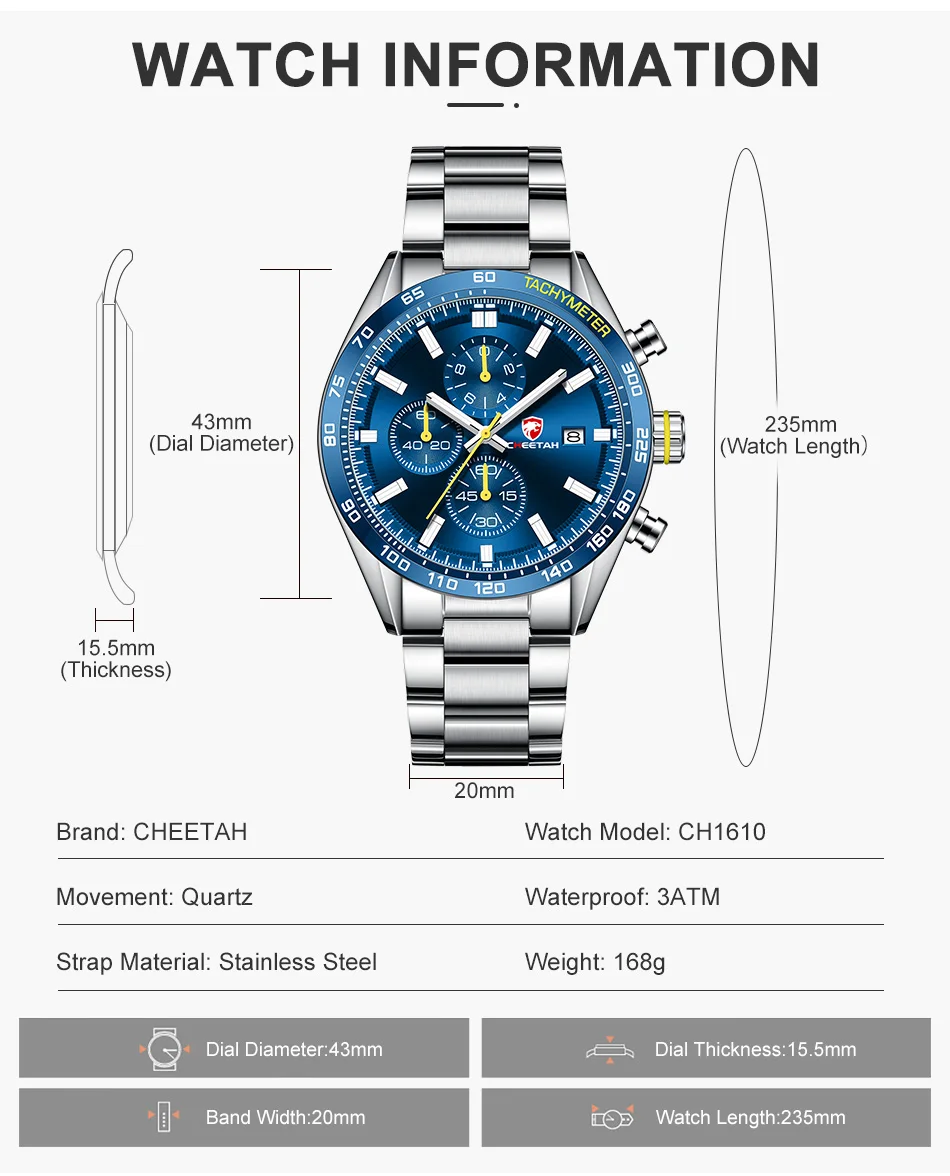 Cheetah Watch Men Top Luxury Brand Stainless Steel Business Quartz Mens ...