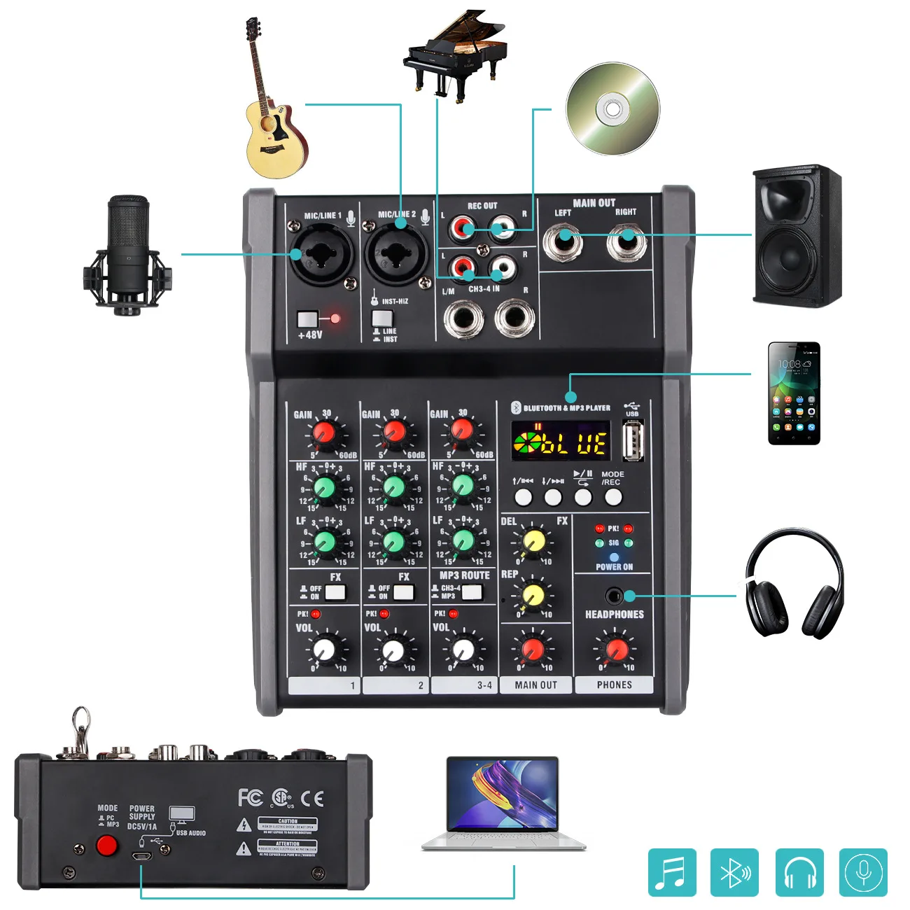 Mixing Console with Built UHF Wireless Microfono 2 in One Kit