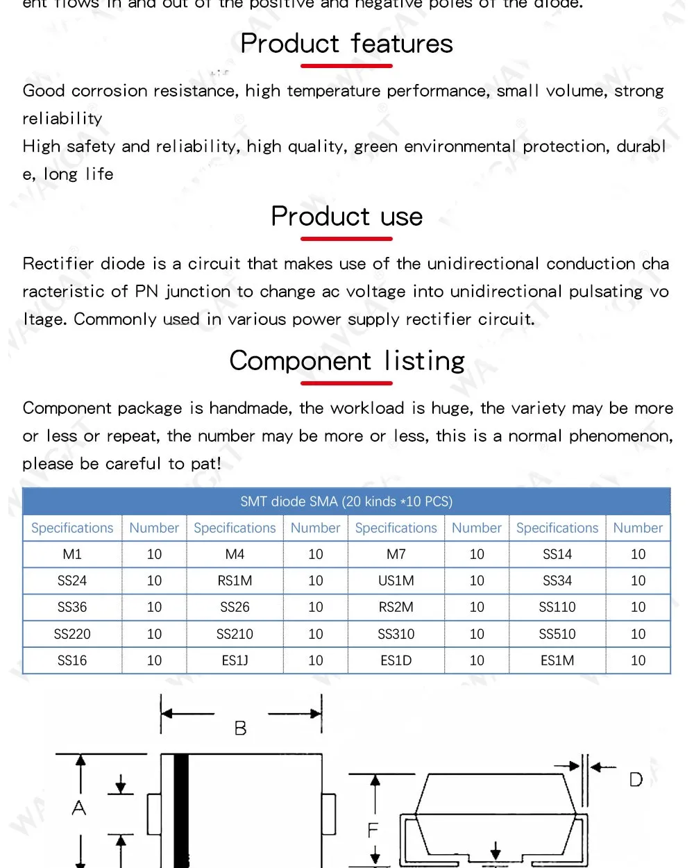 Rectifier Diode M1 M4 M7 SS14 SS24 RS1M US1M SS34 SS36 SS26 RS2M SS110 ...