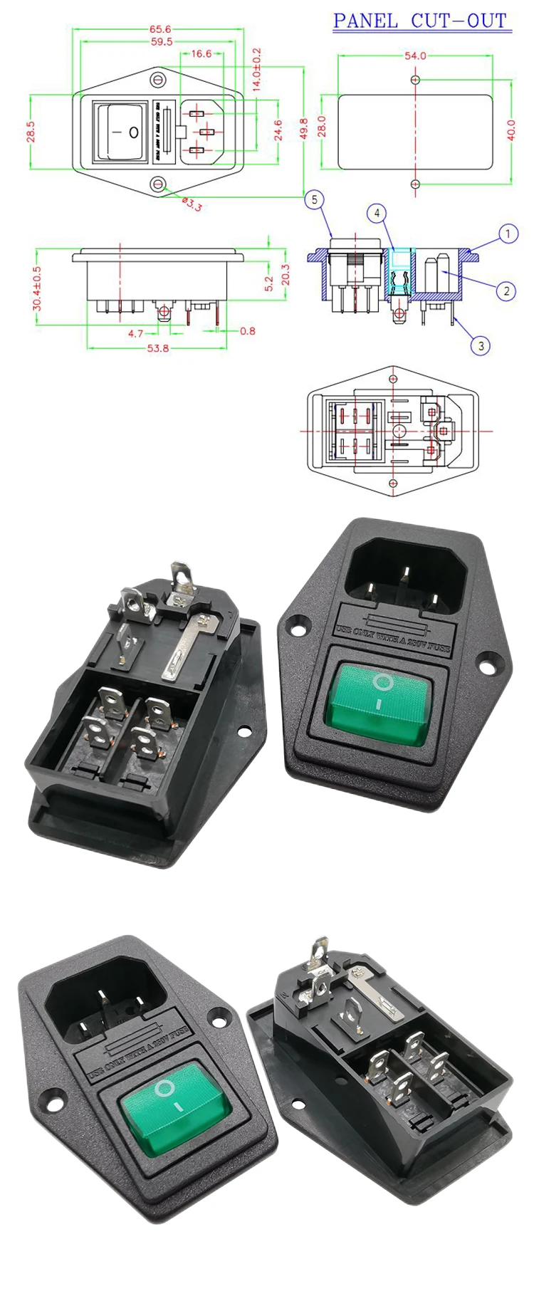 IEC JEC JR-101-1FR2-04 C14 Male Socket Switch Plug Connector
