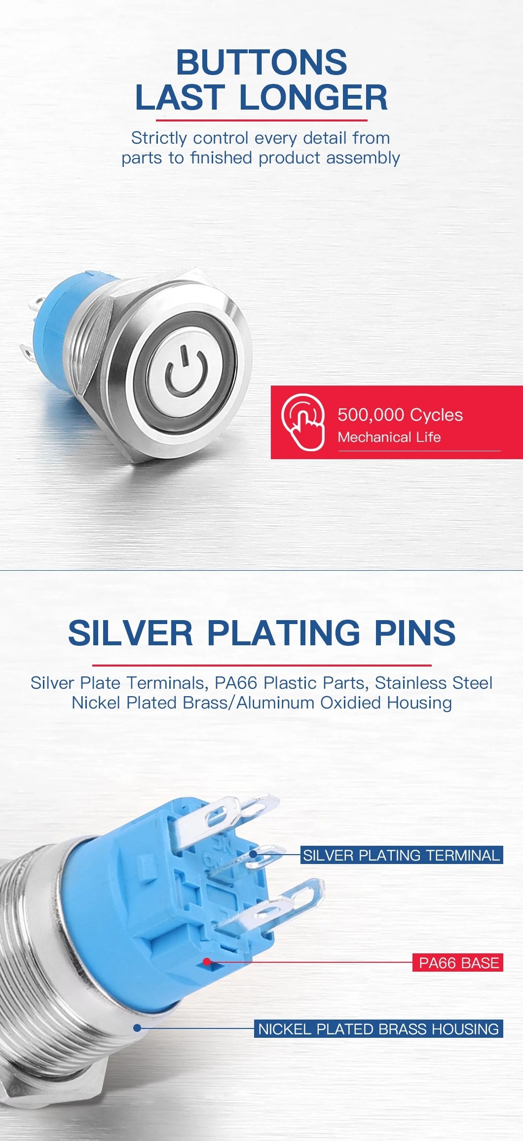 Abilkeen Black Latching 12mm Push Button Switch Black High Round Nickel ...