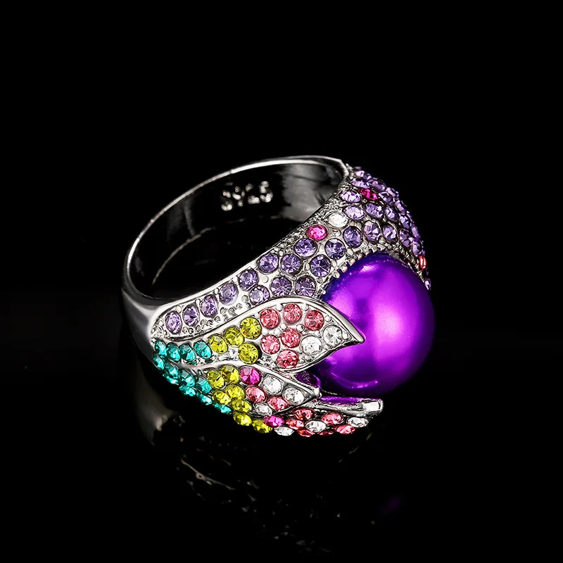 Huitan Vintage Big Lady Full Stone Ring Silver Color Purple Bead ...