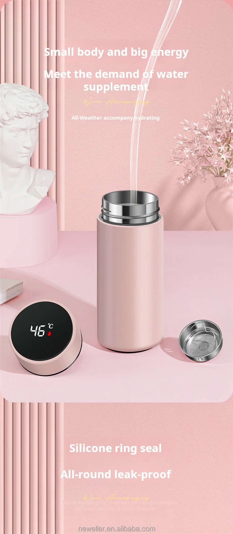 Newell Smart Led Temperature Display Metal Insulation Water Bottle Cup Stainless Steel ...