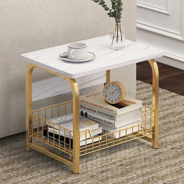 Golden Luxury Marble Texture MDF Panel Bedside Coffee Table