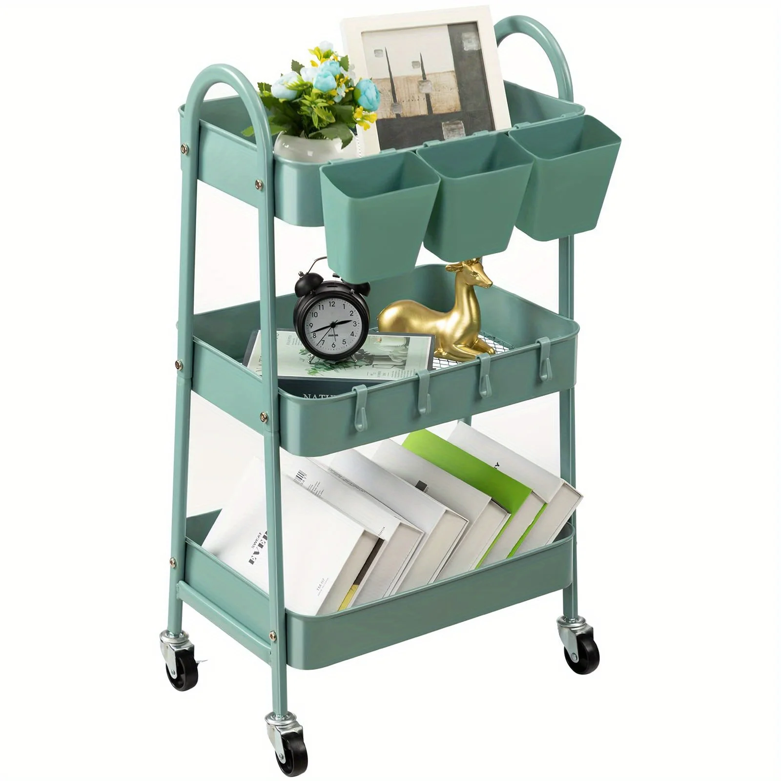 3-Tier Rolling Metal Storage Cart Lockable Wheels Standing Type Hanging ...