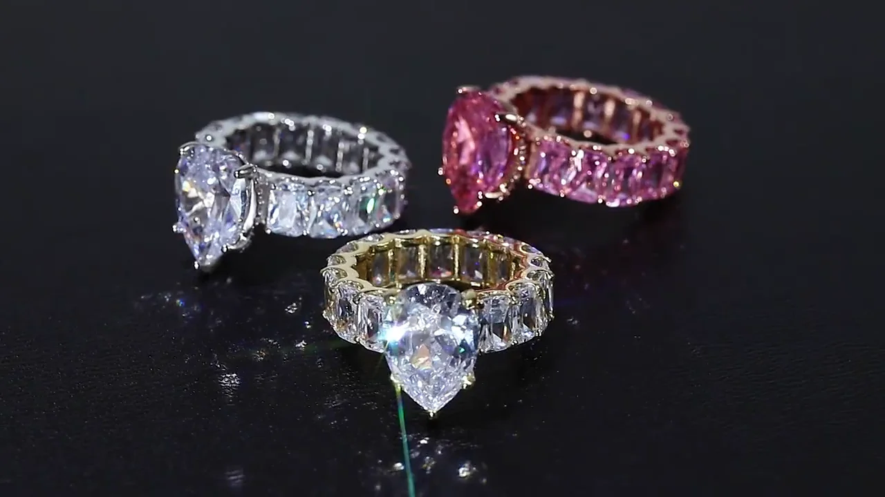 Iced Out Tear Drop Diamond Shape Baguette Clear Pink Cz Ring Engagement ...