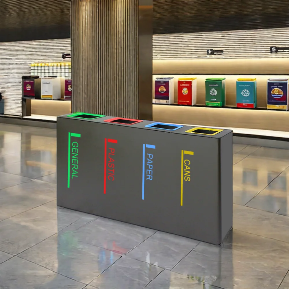 Shopping Center Sorting Recycling Rubbish Bins Iron Paint 4 Compartment ...